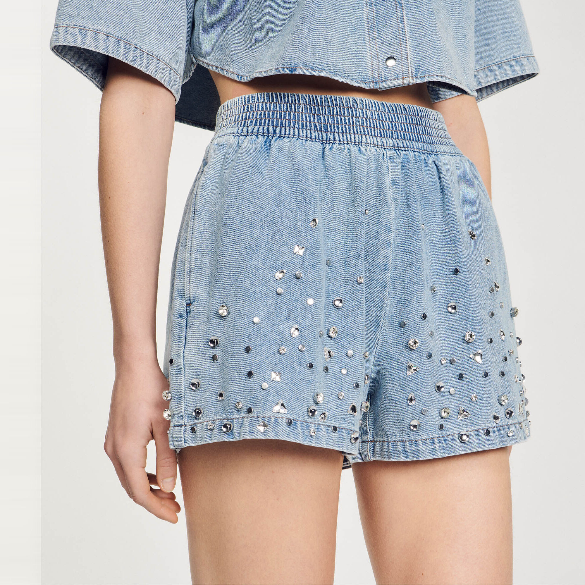 Wide Leg Rhinestone Denim Shorts Denim Jeans Sandro Paris
