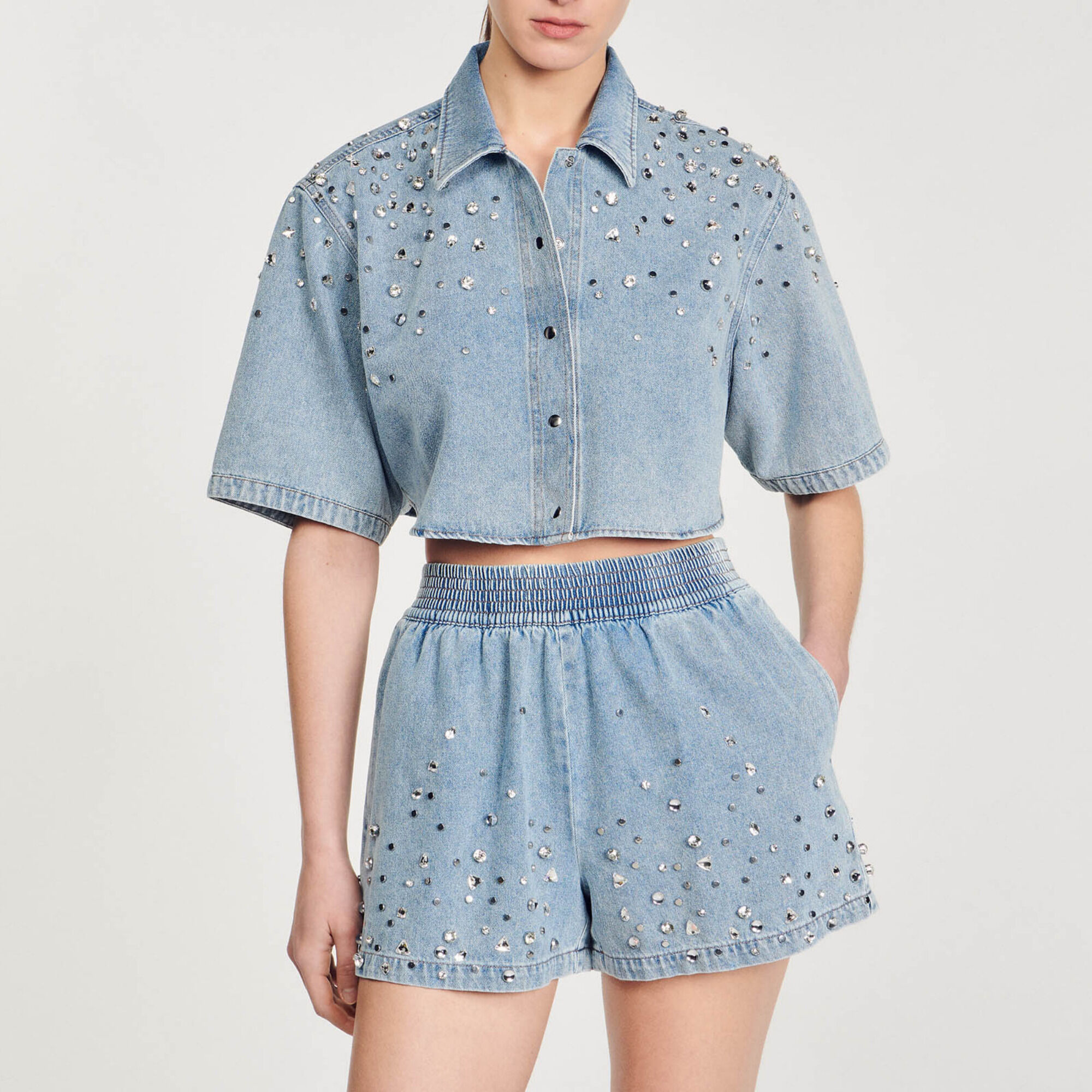 Wide Leg Rhinestone Denim Shorts Denim Jeans Sandro Paris