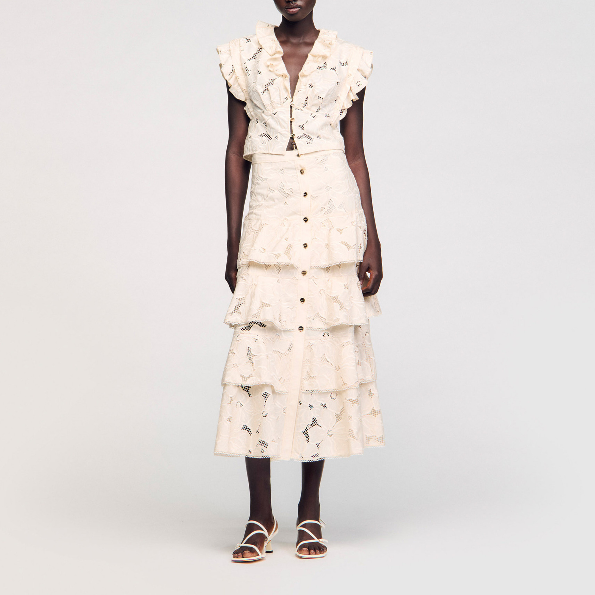 Jupe longue à volants beige pour femme | Sandro Paris