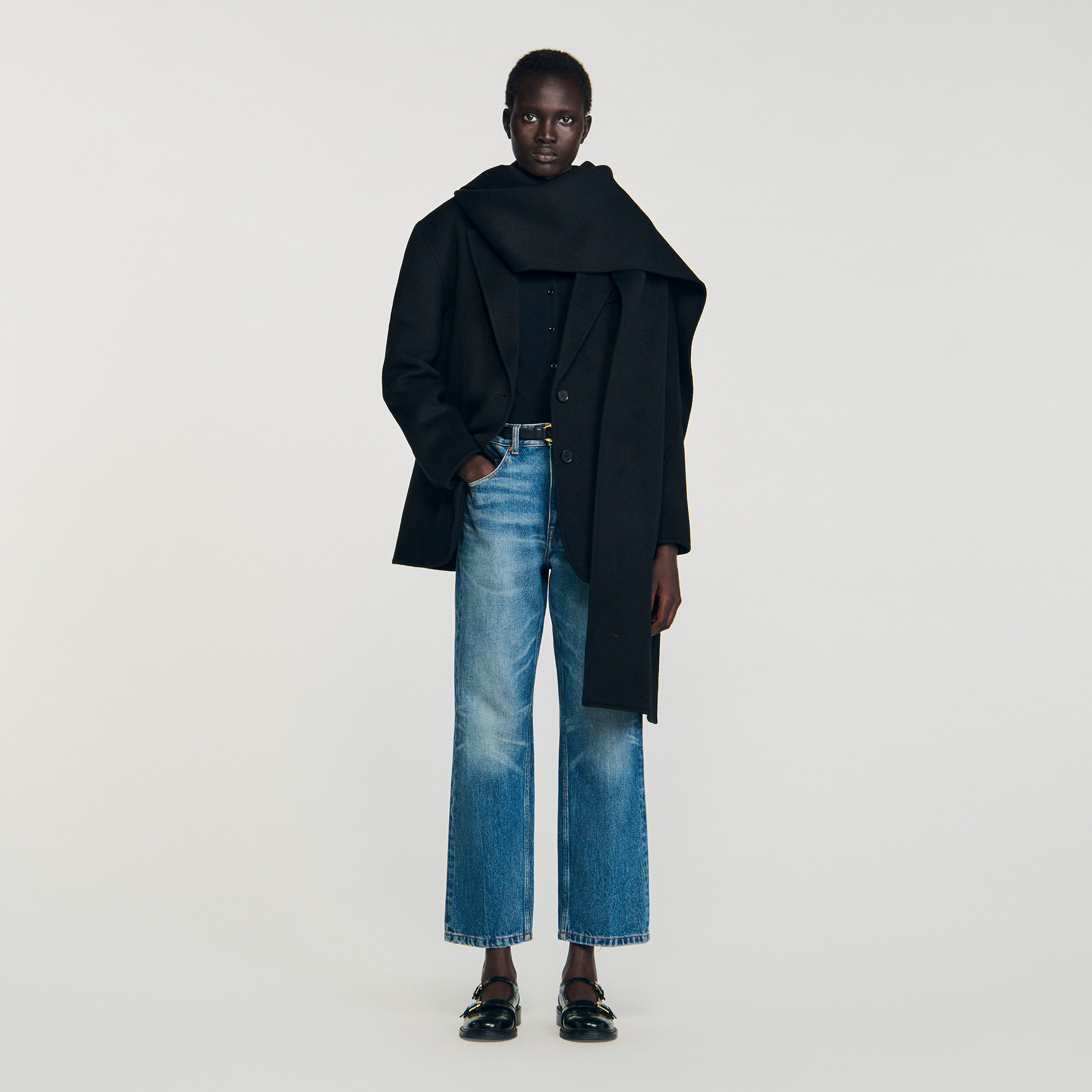 Manteau en laine à écharpe intégrée gris / noir pour femme | Sandro Paris