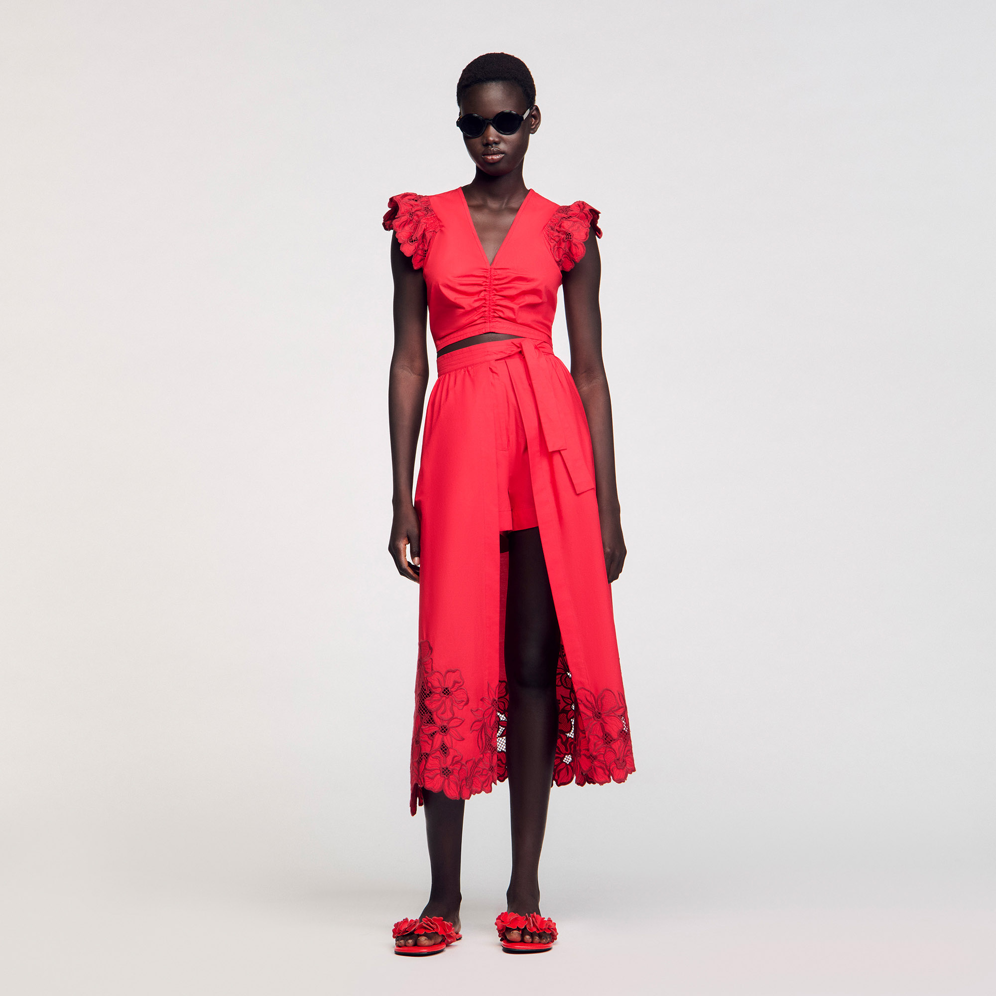 Crop top with embroidered sleeves red For Women | Sandro Paris